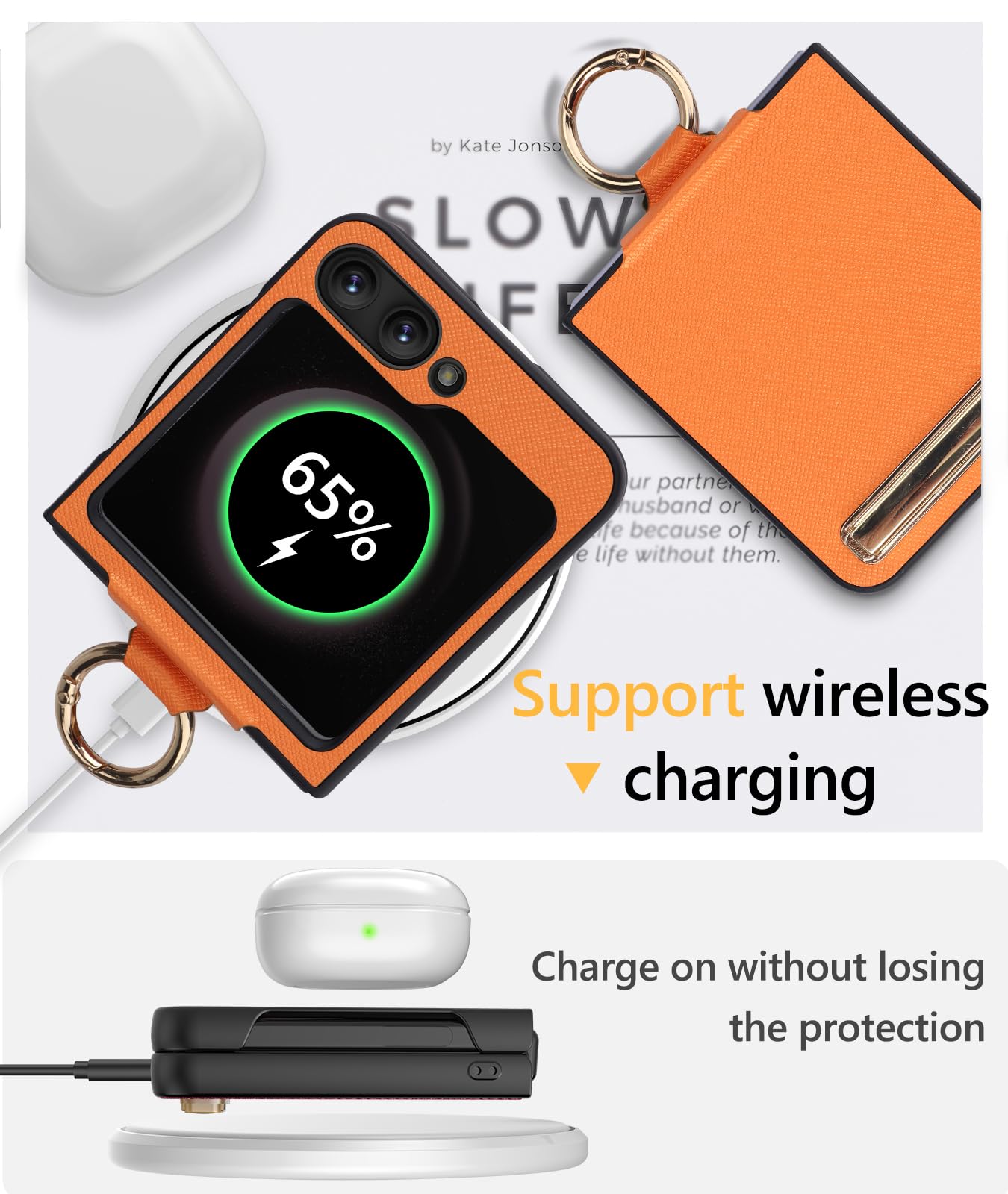 ATATOO for Galaxy Z Flip 5 Case with Kickstand, Thin Flip5 Case with Adjustable Ring & Front Screen Protector, Sturdy Anti-Slip Luxury Leather Phone Case for Samsung Galaxy Z Flip 5 2023, Orange