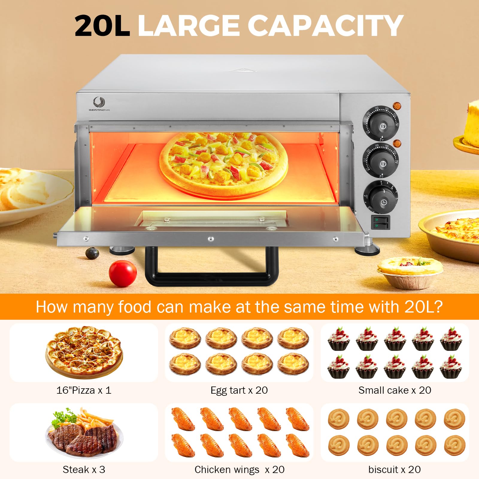 BEAMNOVA Electric Commercial Pizza Oven Countertop,1900W Adjustable Temperature Pizza Oven with 12 Inch Pizza Pan and Pizza Stone for Restaurant Home Pretzels Bakedā¦