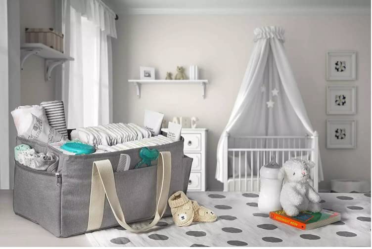 Baby Diaper Caddy Organizer - Large, Basket Storage Nursery Foldable for Infant Girl or Boy - Gift Must Haves - Durable Tote Bag for Indoor, Outdoor Use - Grey