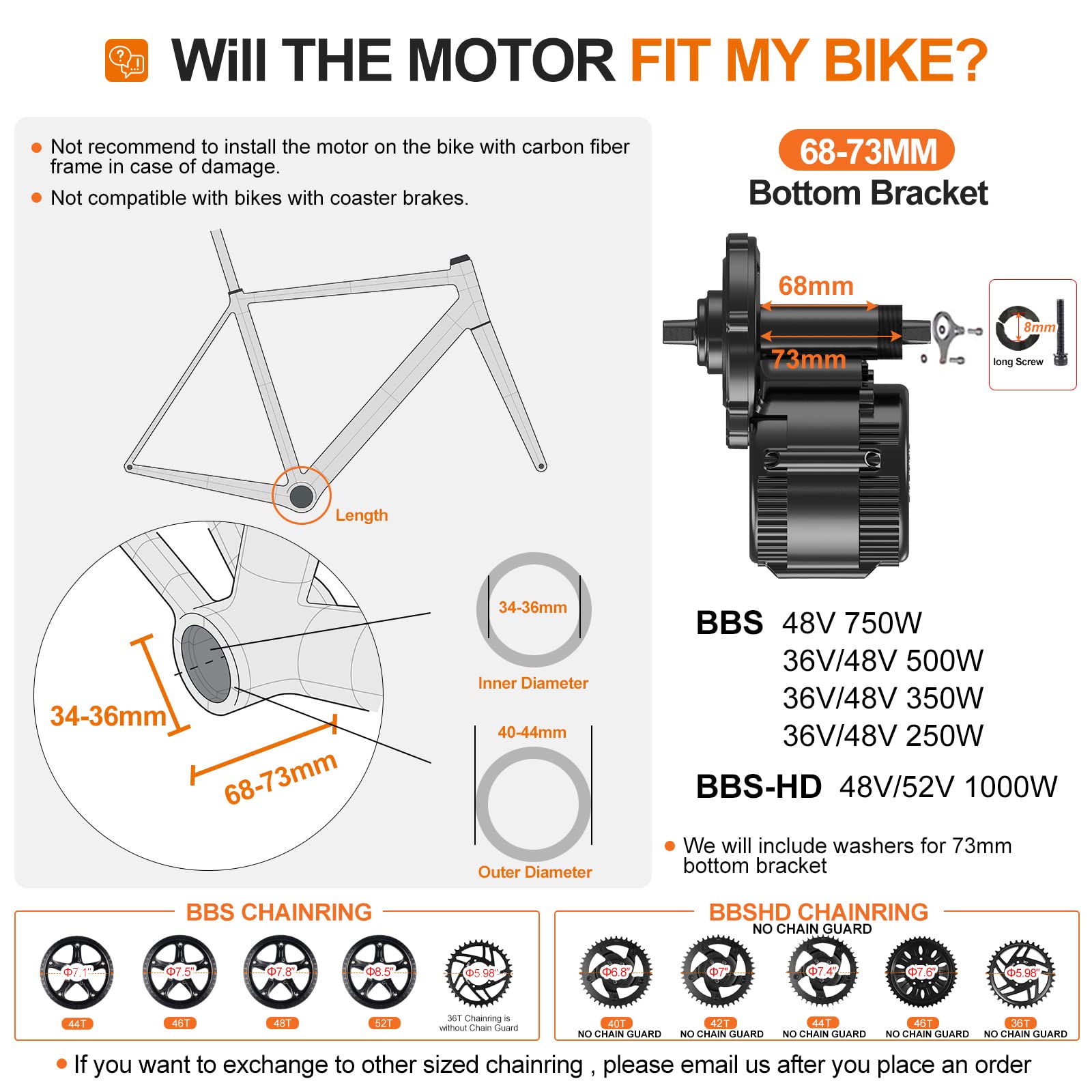 BAFANG BBS02B Mid Drive Kit : 48V 750W BBS02 Mid Motor with 500C Display 36T Chainring, Electirc Bike Conversion Kit for BB 68 73 mm, 8fun Ebike Central Mounted Engine (No Battery)
