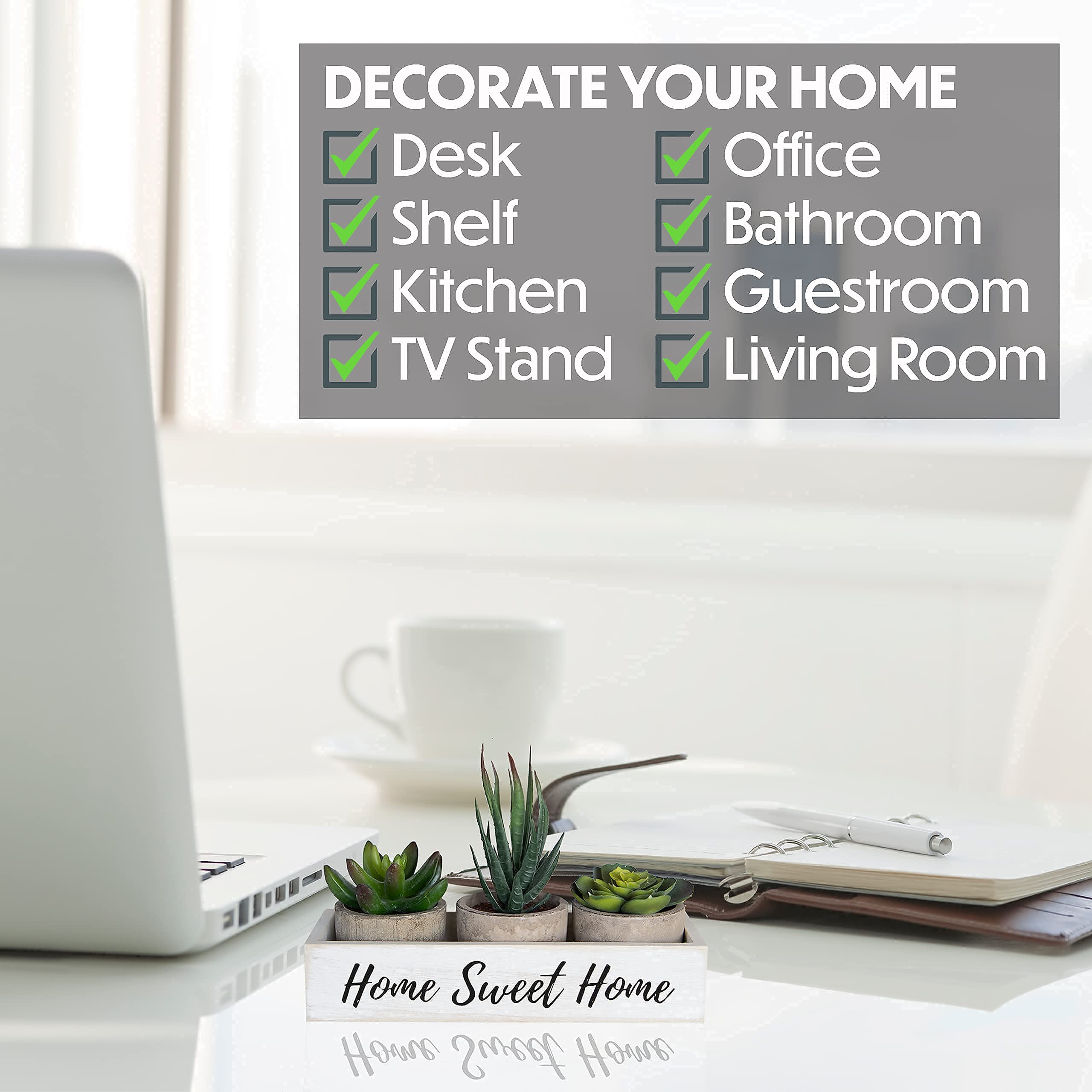 Artificial Succulent Plants with Pots with White Planter Box Home Sweet Home Live Laugh Love Realistic Greenery Mini Faux Plant Arrangements for Home Decor Office Table Bathroom Kitchen Dorm
