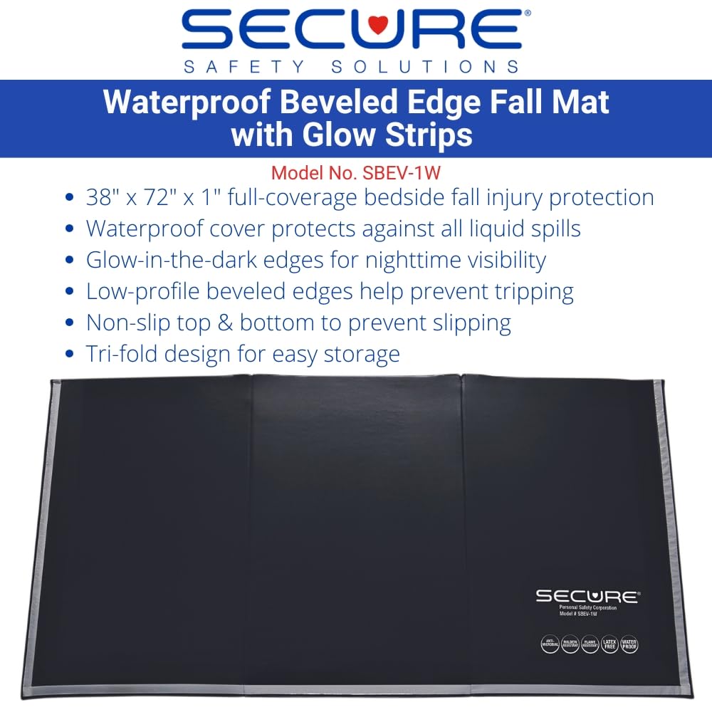 Secure Waterproof Bedside Safety Floor Mat for Elderly Fall Prevention, Extra Large 72"x38"x1", Glow Strips for Night Visibility, Handicap Non-Slip Beveled Edge Fall Mat