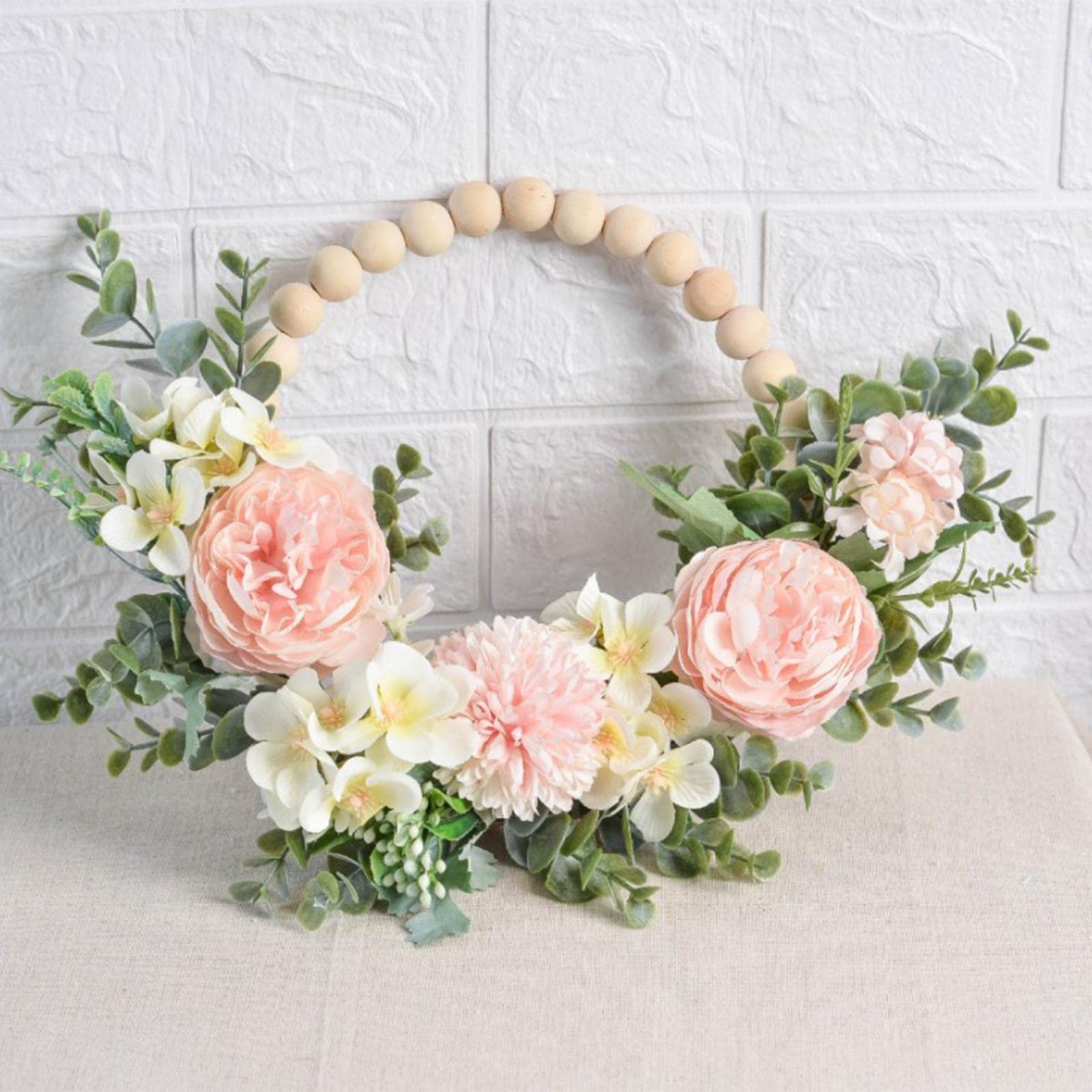 Artificial Wreath Faux Floral Wreath Spring Wreath Wooden Bead Round