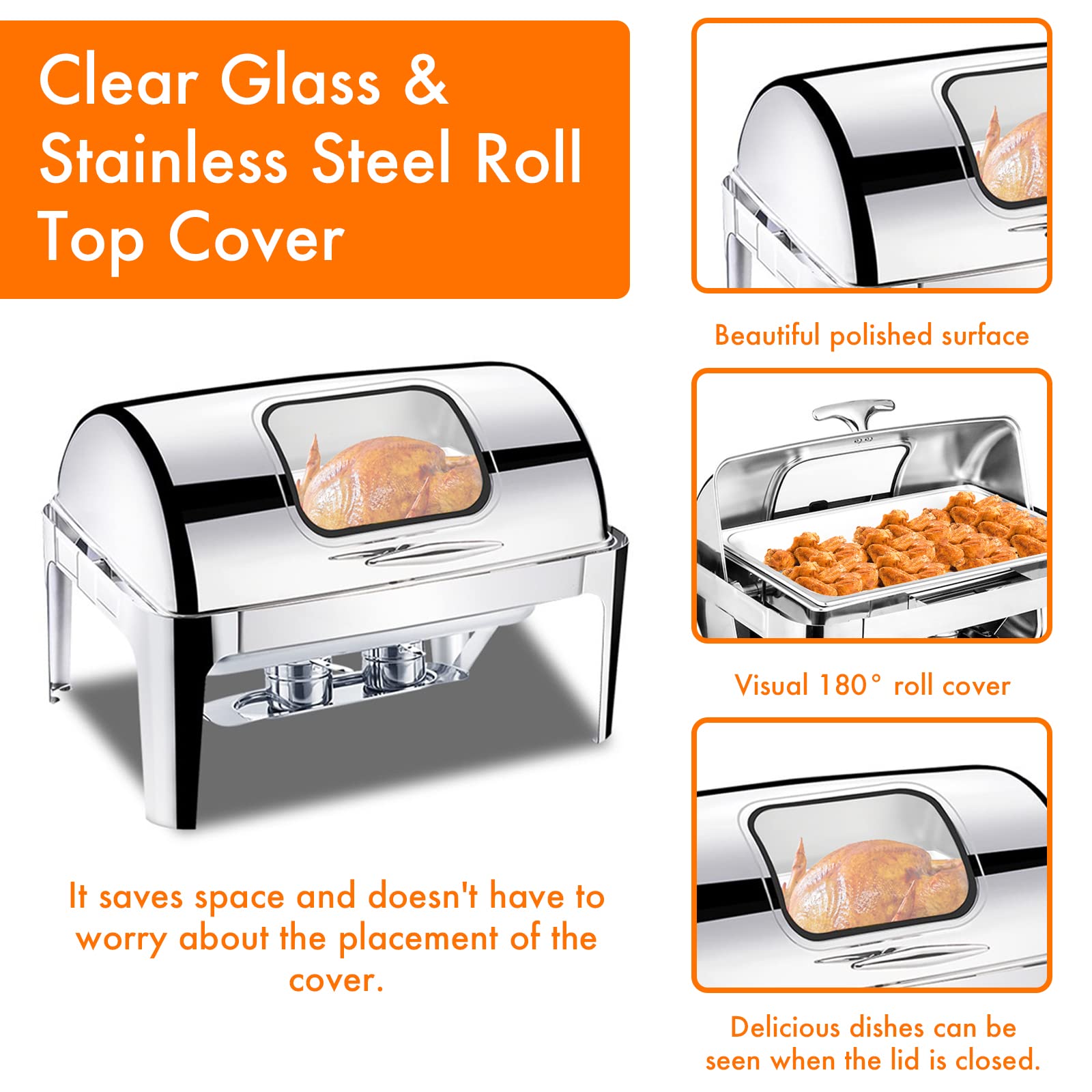 Kweetle Roll Top Chafing Dish Buffet Set Warmers with Cover 2 Pans 9.5Quart for Buffet Commercial Food Warmer Steam Table