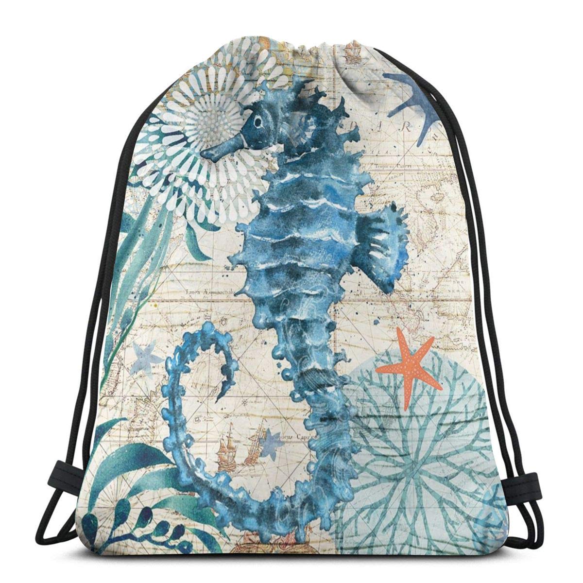 Blue Seahorse Nautical Map Drawstring Backpack for Men & Women,Waterproof String Bag Nylon Gym Sport Traveling Sackpack Cinch
