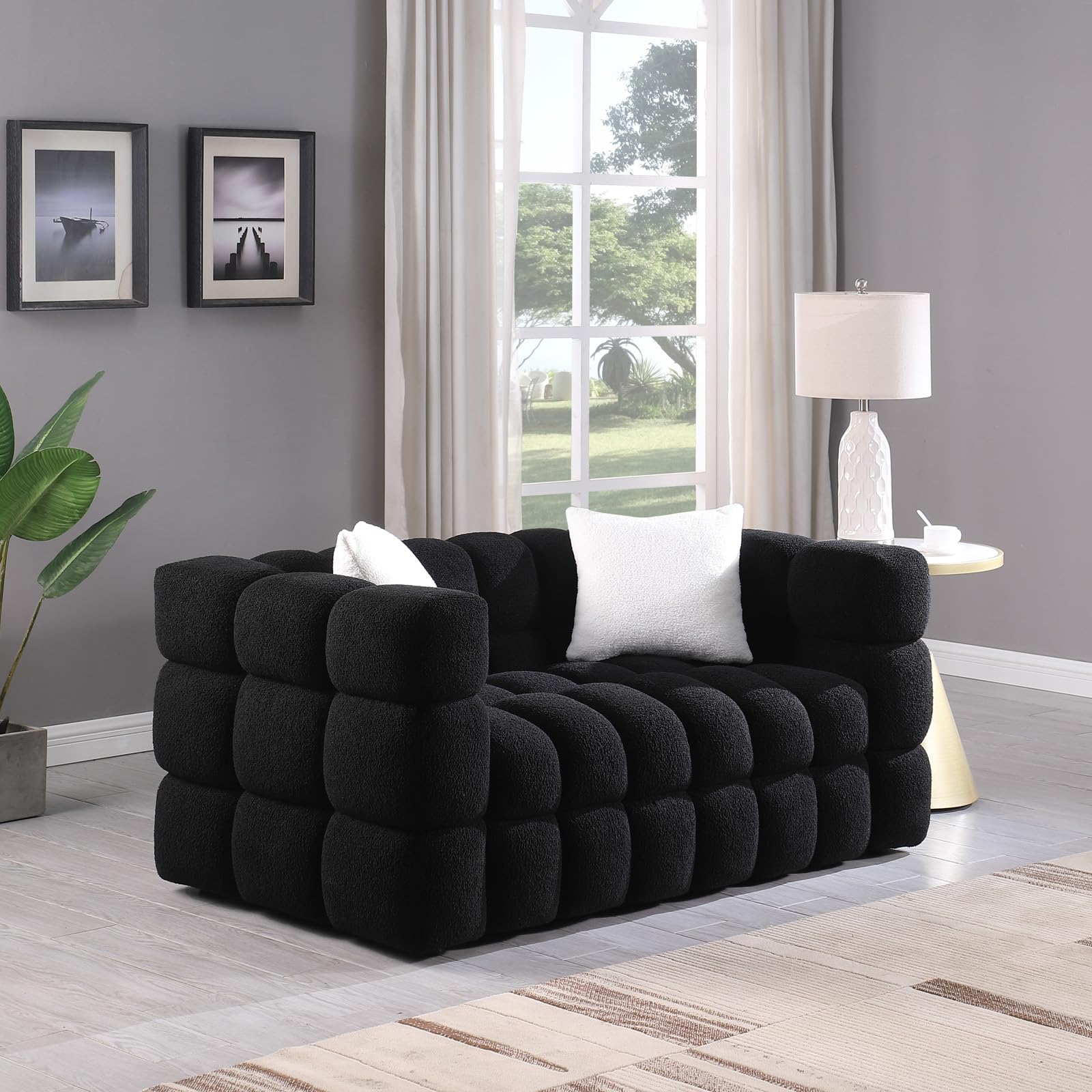 Cloud Loveseat Couch, Modern Marshmallow Boucle Fabric Couches with Plastic Legs Upholstered Tufted Loveseat Sofa with 2 Pillows for Living Room, Bedroom, Office(Black