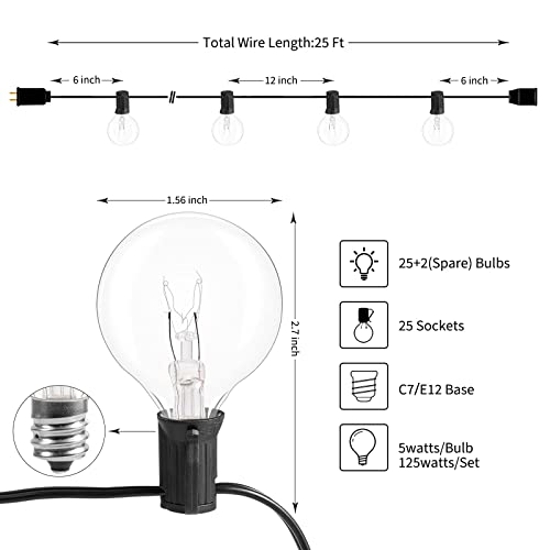 Brightown Outdoor String Lights 25FT G40 Globe Patio Lights with 27 Edison Glass Bulbs(2 Spare), Waterproof Connectable Hanging Light for Backyard Porch Balcony Party Decor, E12 Socket Base, Black
