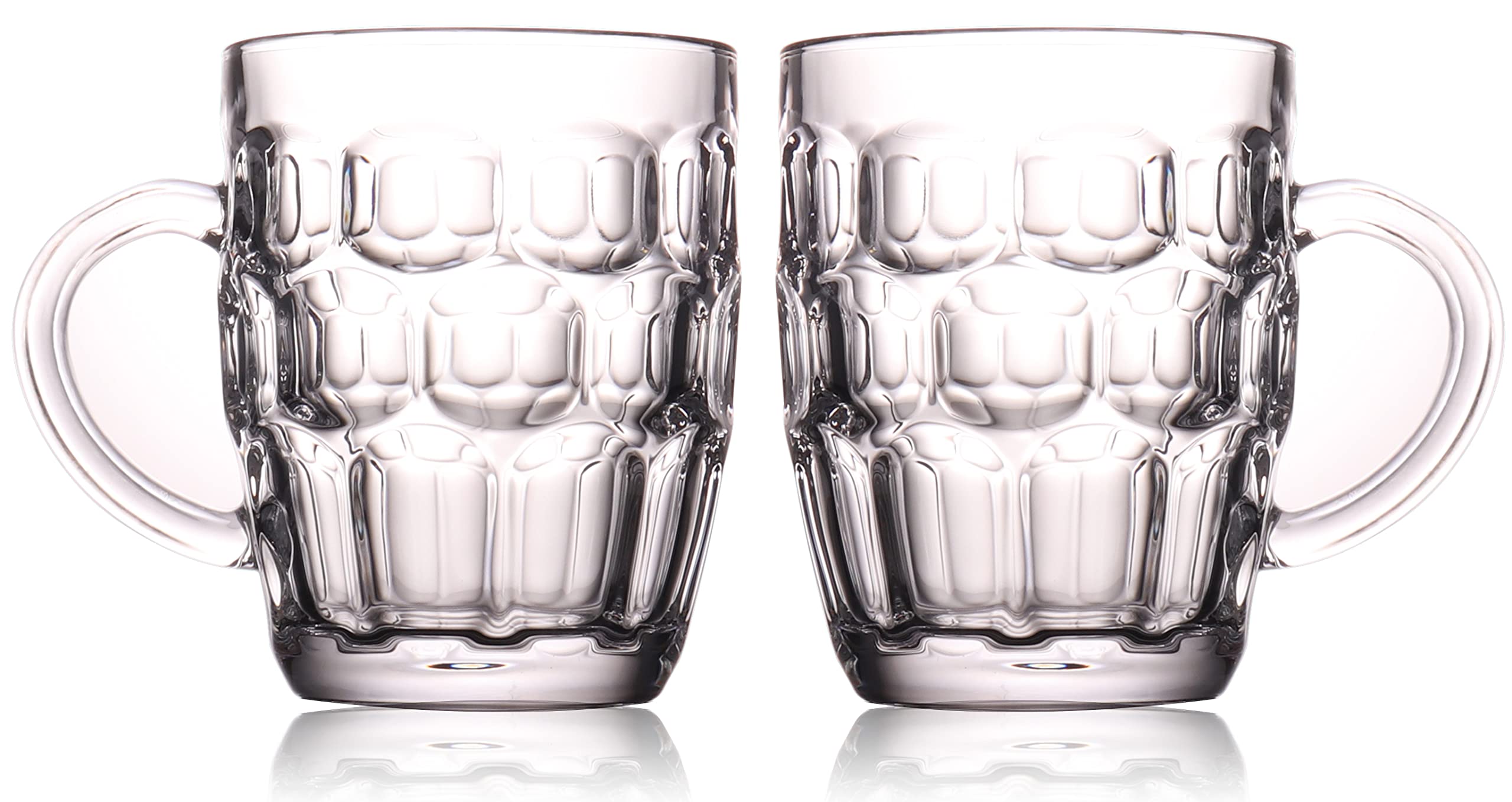 BothEarn 1 Pint Dimpled Beer Mug Set of 2 - Heavy British Pub Thick Glass with Handle - Stein Cup for Beer Lover in Home Party BBQ