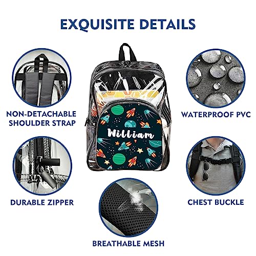 Ecautly Personalized Clear Backpack for Boys, Custom Rocket Pattern Clear Backpack with Name, PVC See Through Transparent for Boys School Waterproof Backpack, Back to School Gifts for Boys Kids