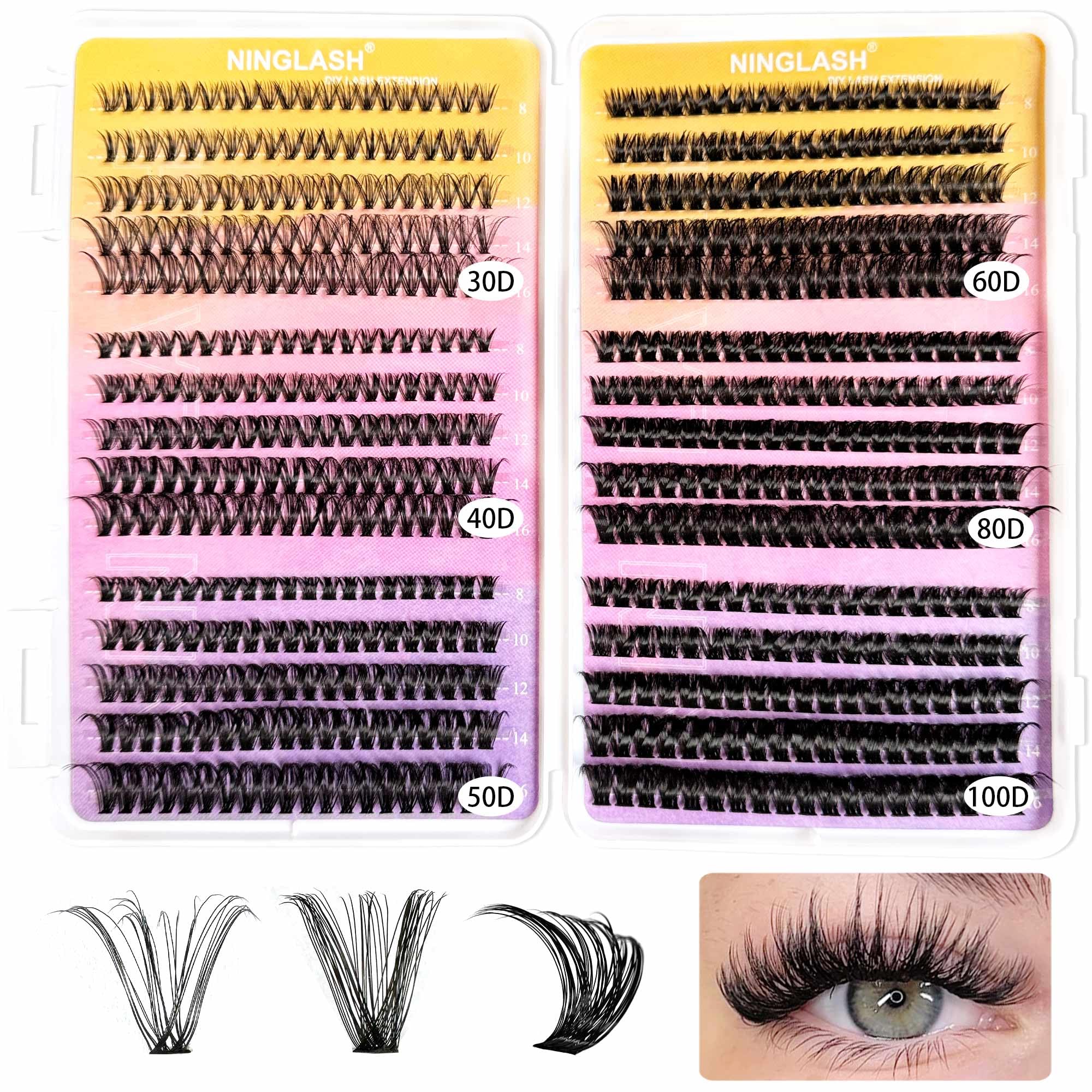 Clear Band Lashes Clusters Ninglash R3 D Curl DIY Eyelash Extension, 56 Pcs Individual Lashes Extensions, Soft Natural Lightweight 10/12/14/16mm Mix Resuale Eyelash Cluster Lashes for Home use …