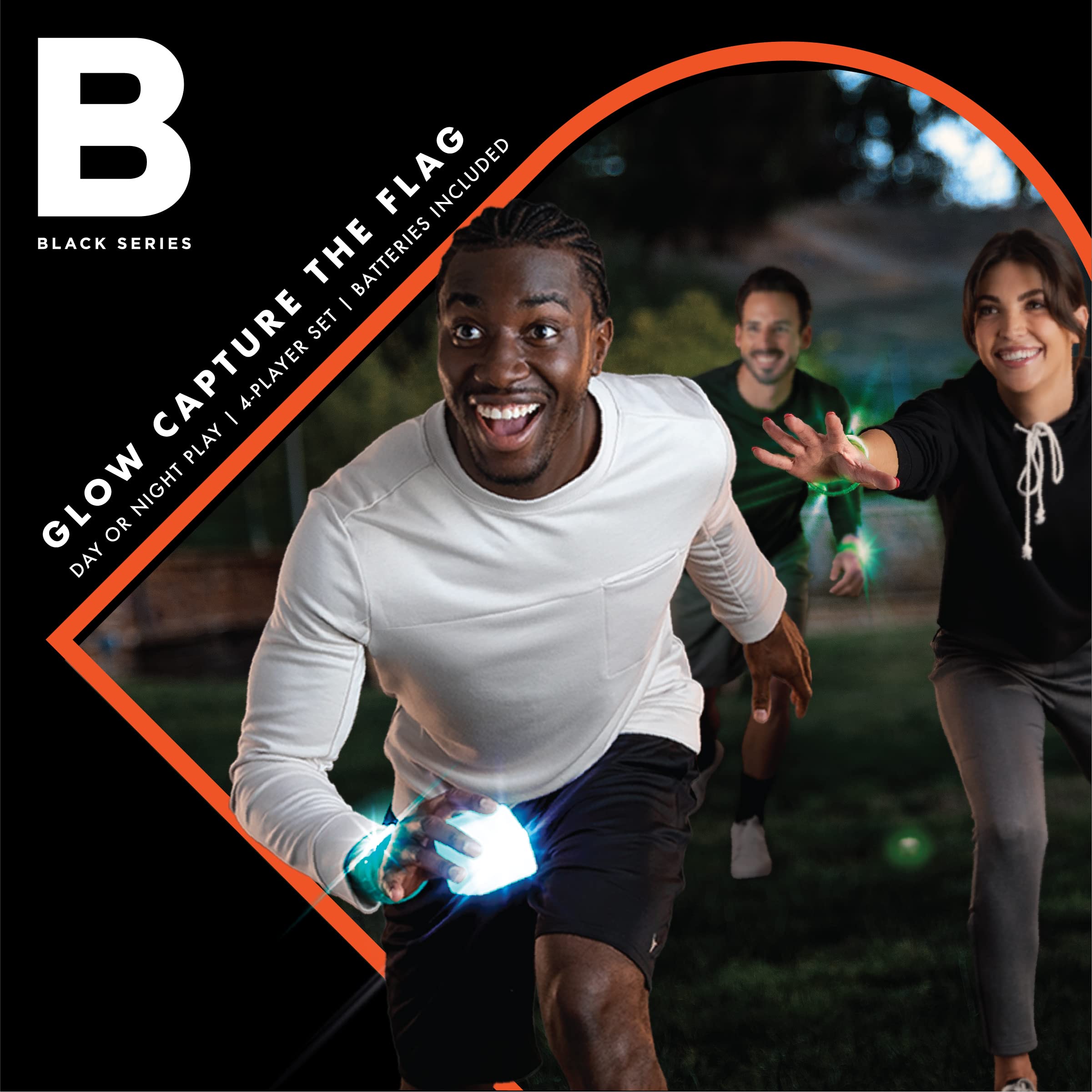 Black Series Capture The Flag LED Glow Set, 4-Player Kit, Two Teams, 4 Wristbands, 2 Cube Flags, 8 Zone Markers, Fun Outdoor Game for Day Or Night