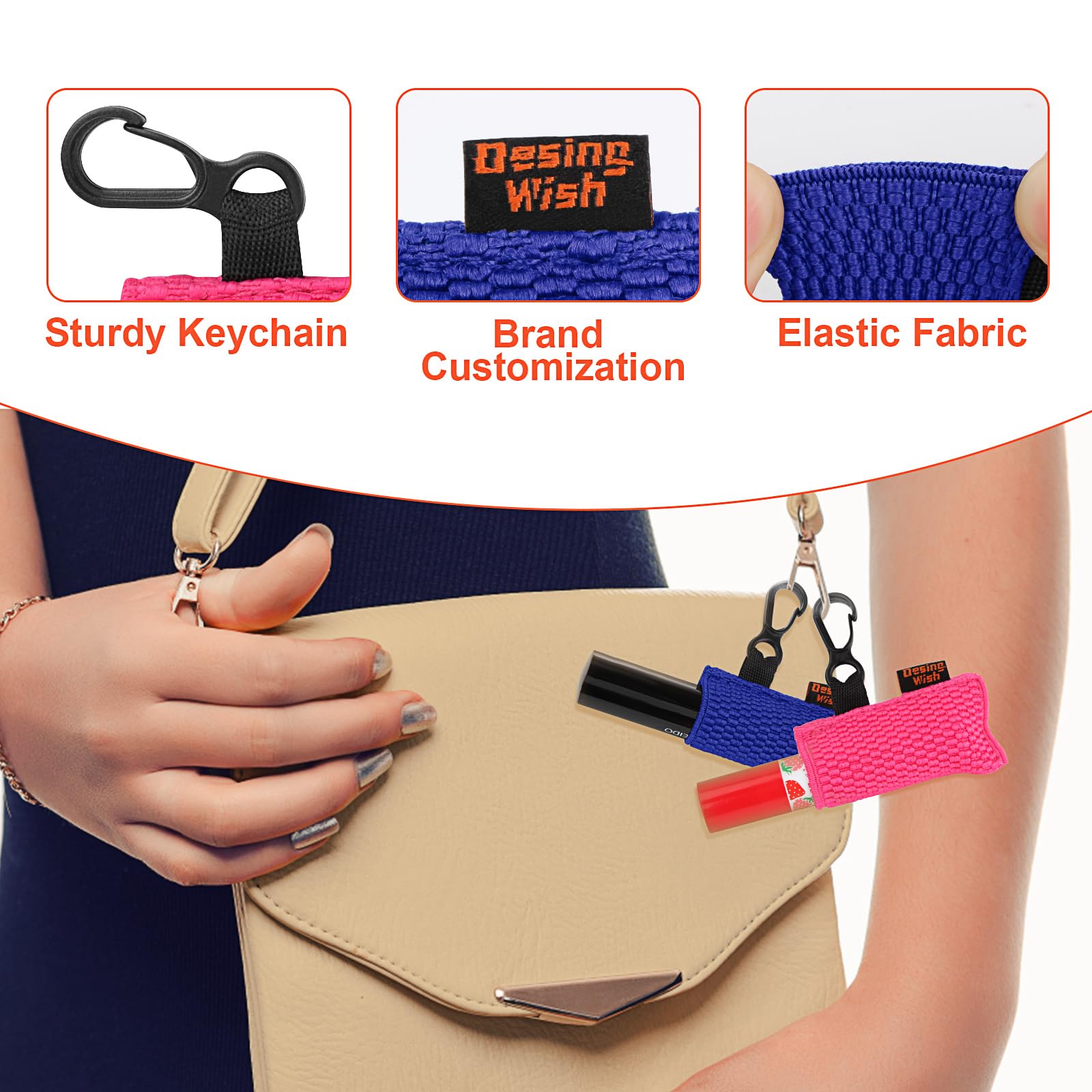 Desing Wish 6 Pack Chapstick Holder Keychain Clip On Lipstick Sleeve Anti-Lost Lip Balm Holder Key Chain Elastic Sleeves for Keys/Purse/Bag/Badge Holder
