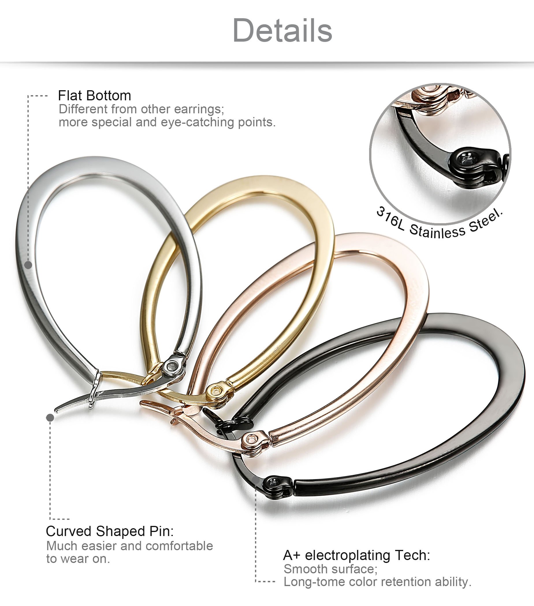 Jstyle 4 Pairs a Set Stainless Steel Teardrop Hoop Earrings for Women 35MM