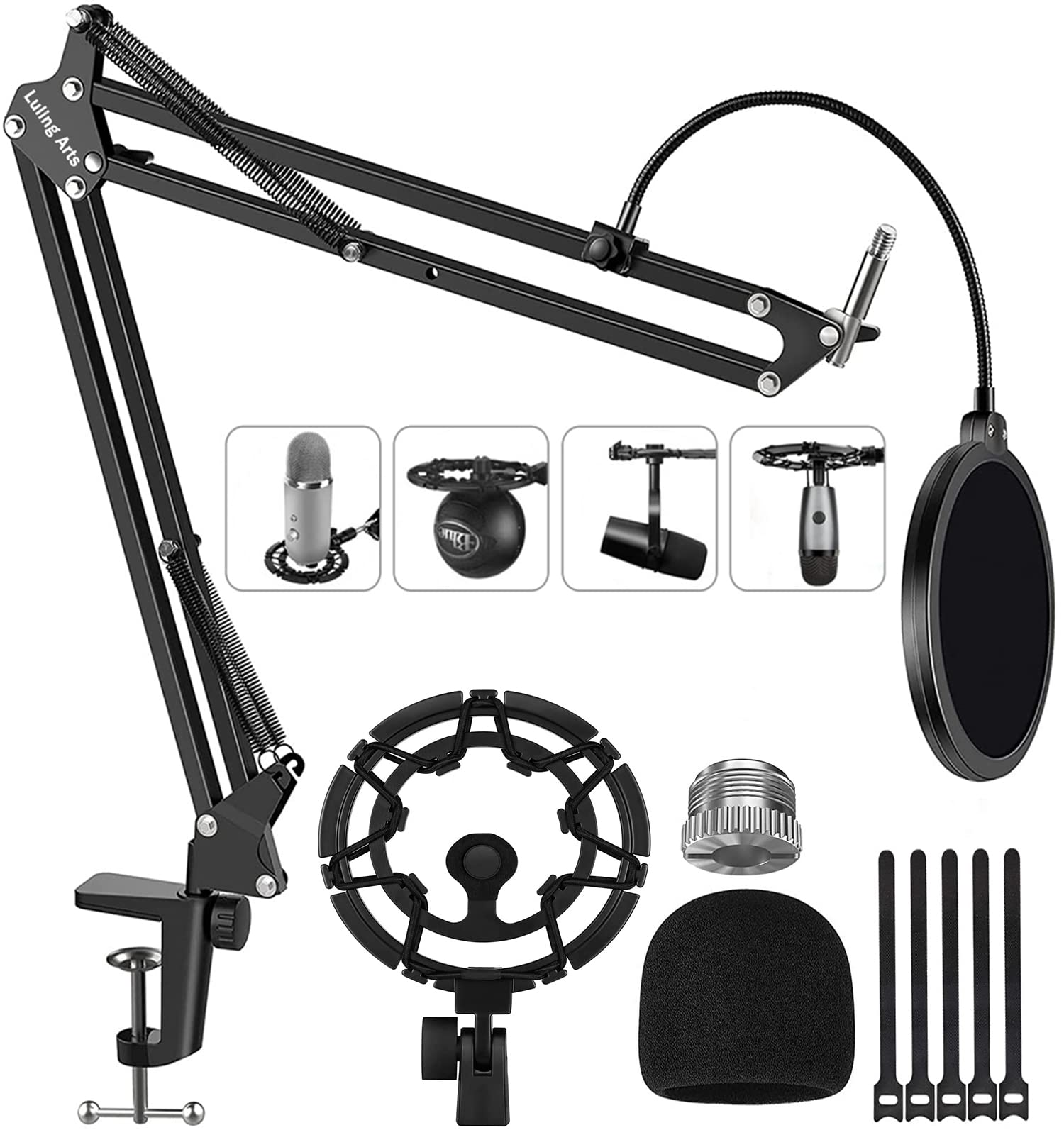 Blue Yeti Boom Arm,Adjustable Suspension Microphone Mic Stand with Shock Mount 3/8'' to 5/8'' Screw Adapter Pop Filter for Live Streaming, Podcasting, Gaming, Recording.