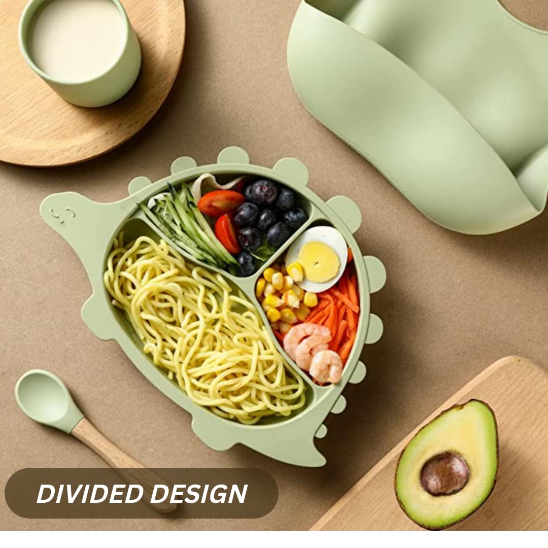 Baby feeding, Silicone dinosaur shaped plate with suction and sections, self-training without BPA, baby feeding bowls. Blue color