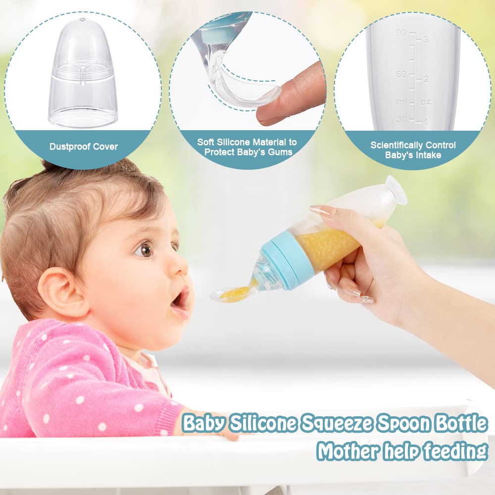 Baby Food Feeder - 2 Baby Fruit Pacifiers & 1 Soft Silicone Squeeze Spoon Bottle for Baby First to Second Feeding - Infant Food Dispensing and Feeding