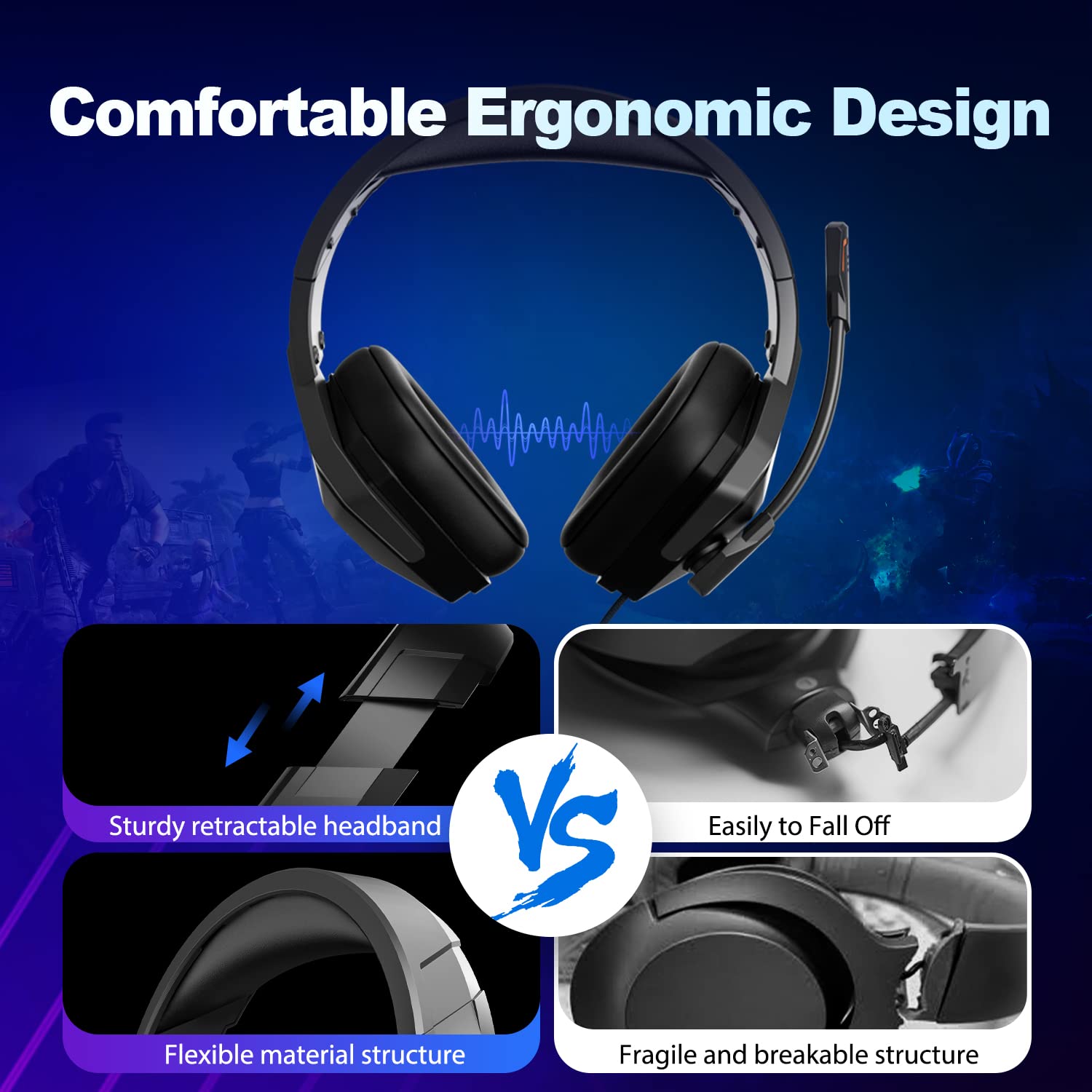 Bluedee Gaming Headsets for PS5 PS4 Xbox Switch, Noise Cancelling Over Ear Headphones with Mic, Bass Surround, Soft Memory Earmuffs for Laptop PC Mac