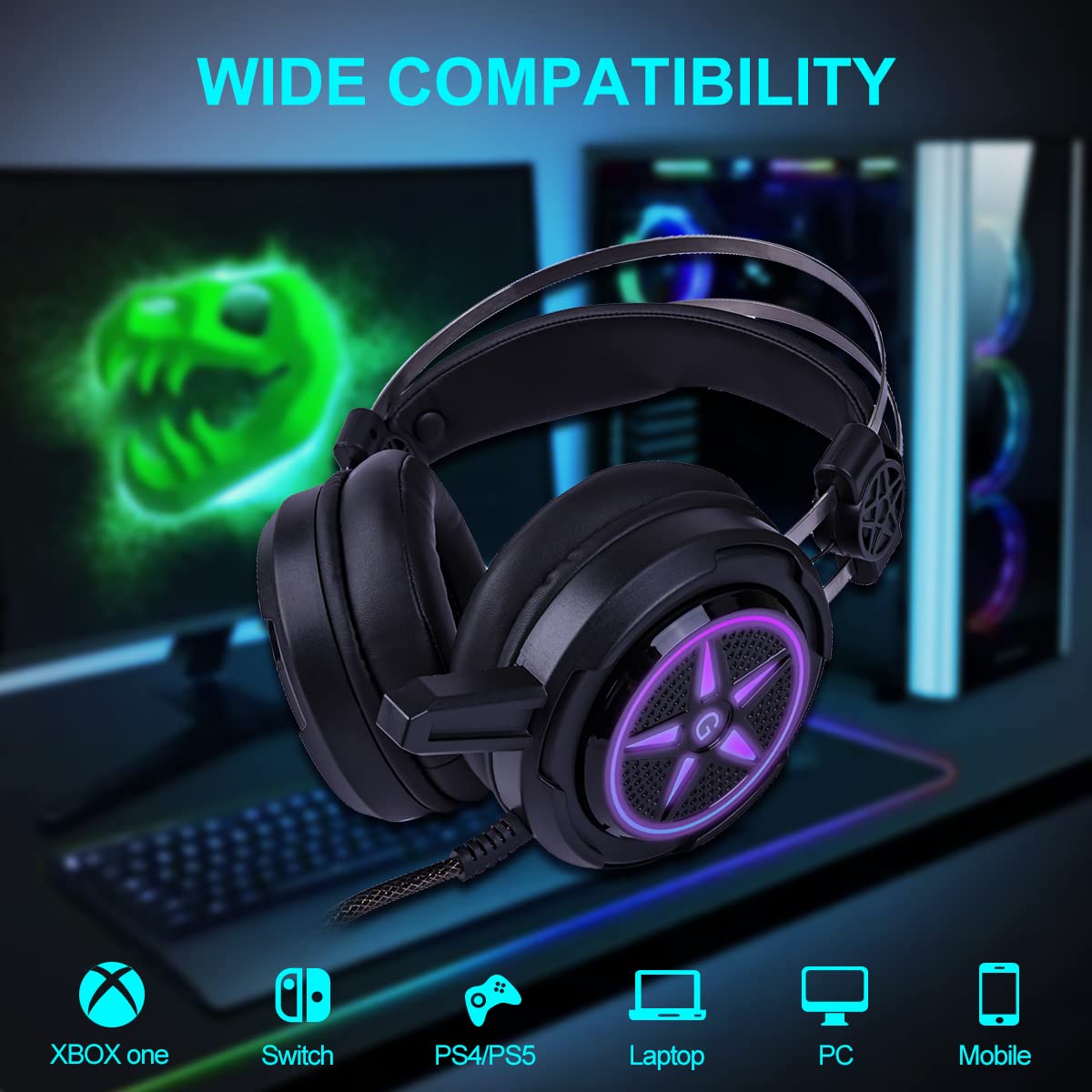 Olyre Gaming Headset G3 for PS4 PS5 Xbox One Switch PC with Noise Canceling Deep Bass Stereo Sound…Over Ear Headphones with Mic, Glowing LED Light, Bass Surround, Soft Earmuffs for Laptop MacNES Games
