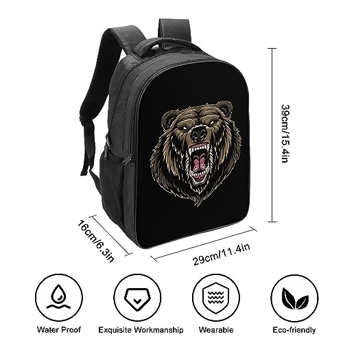 Ferocious Grizzly Bear 16 Inch Backpack Laptop Bag Casual Daypack for Traveling Camping Shopping