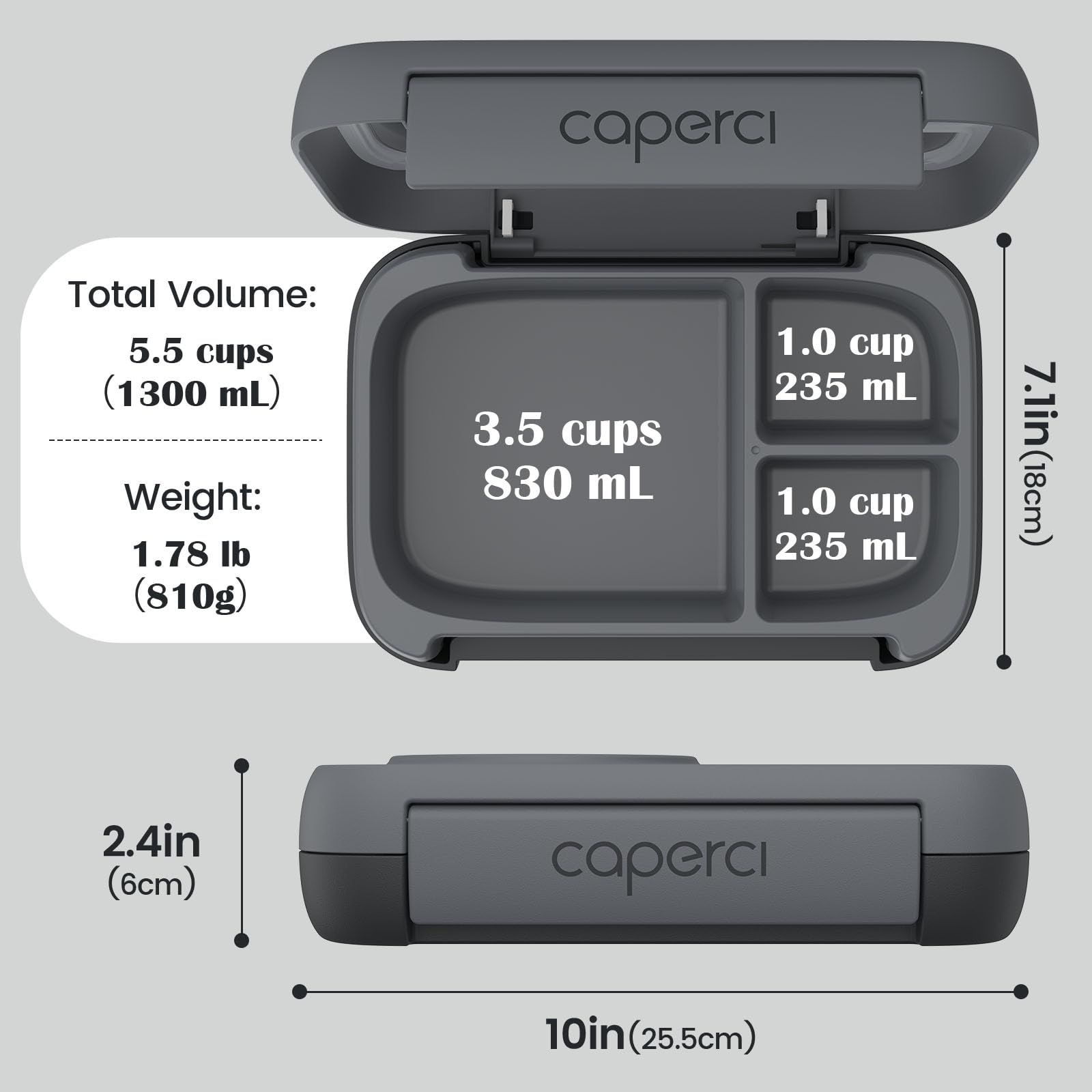 Caperci Heavy Duty Bento Box Adult Lunch Box - Leak-Proof Large Lunch Containers with Removable Ice Pack & 3 Compartments for Adults & Big Kids, BPA-Free, 1300mL/5.5 Cups (Dark Gray)