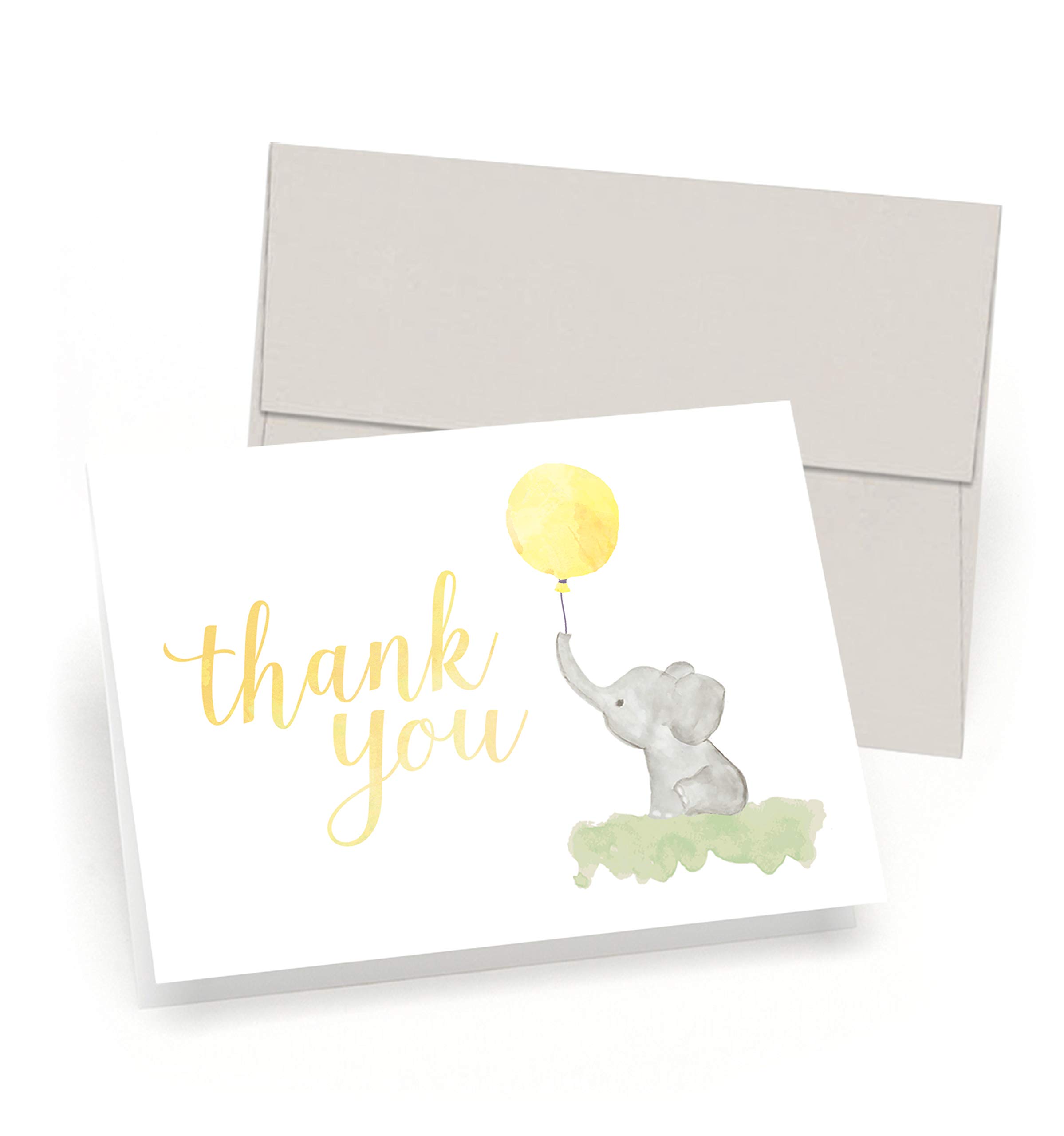 Palmer Street Press Baby Shower Thank You Cards (Set of 10 Cards + Envelopes) - Watercolor Elephant & Balloon (Yellow)