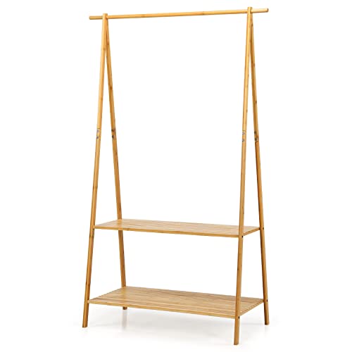 Giantex 2-Tier Bamboo Clothing Rack, 5.3Ft Freestanding Clothes Organizer Rack with Anti-tipping Devices, Cloth Hanger Standing Rack with Bottom Storage Shelves, Garment Racks for Hanging Clothes