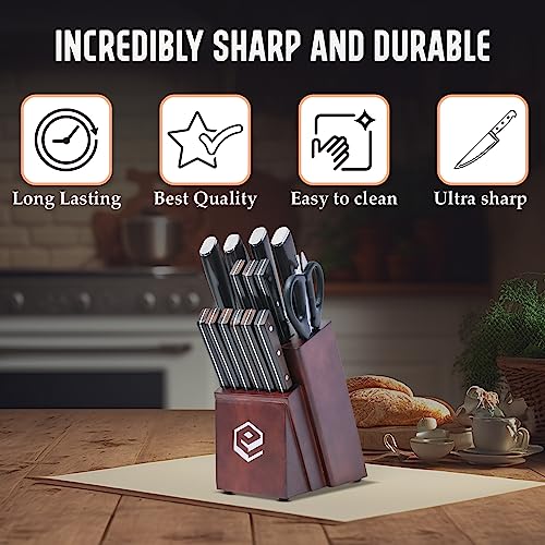 ECOMERR Kitchen Knife Set β 16 Piece German High Carbon Stainless Steel knife sets for kitchen with Block Wooden, Scissor and Knife Sharpener - Chef Knife Set & Rust proof