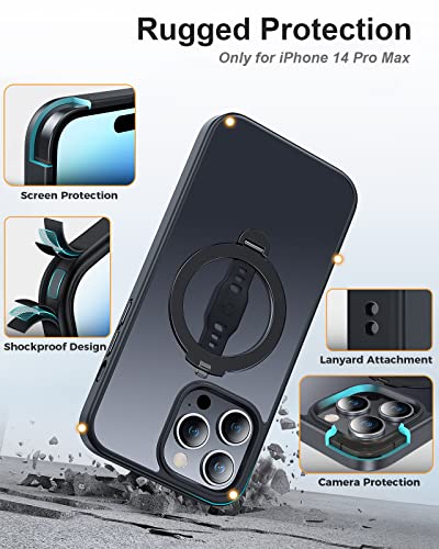 EWA Designed for iPhone 14 Pro Max Case (6.7 Inch) Compatible with MagSafe, MagOne Case with Stand, Ring Holder Strap Grip, Shockproof Protection (Matt Black)