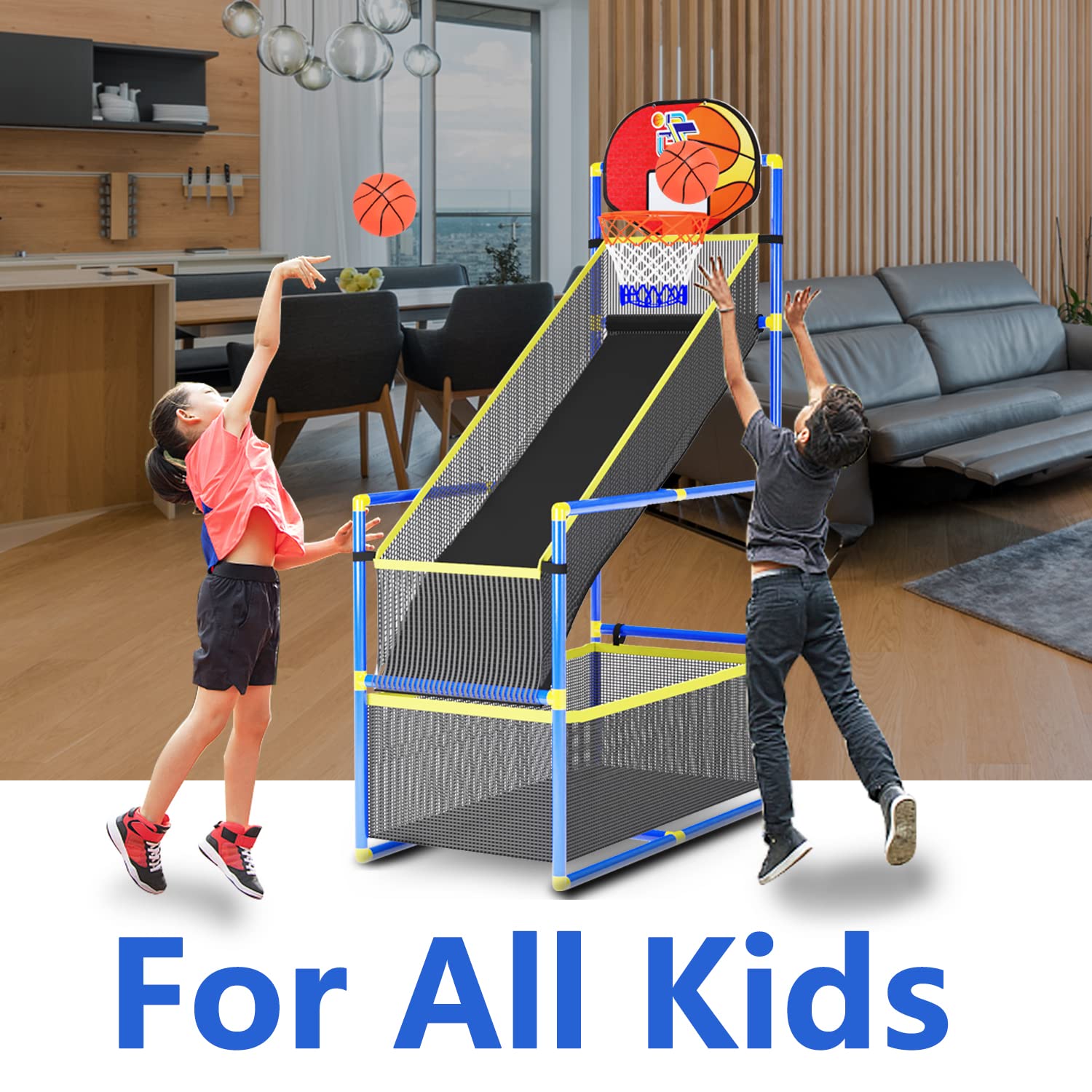 OMNISAFE Arcade Basketball Hoop Game Set for Kids & Dart Board, Basketball Game Training System, Includes 2 Balls, 1 Air Pump and Slide Ramp