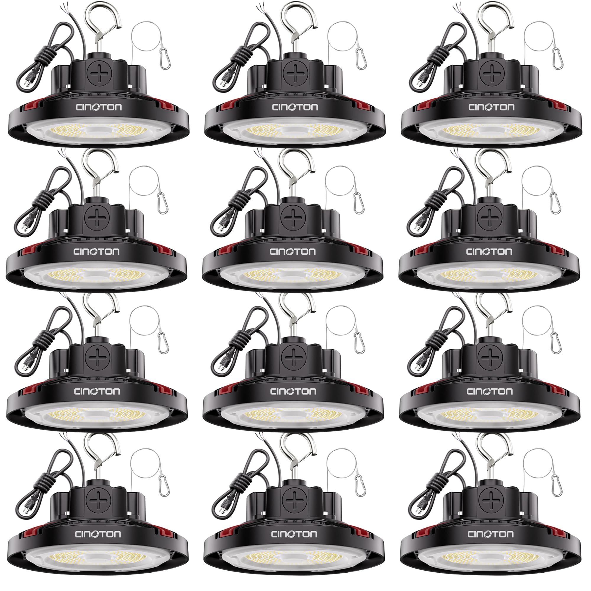 CINOTON UFO LED High Bay Light, 160W/120W/80W Switchable, AC100-277V LED Shop Lights with US Plug, 24000LM Dimmable 0-10V Commercial Bay Lighting for Garage Workshop 5000K Daylight-UL Listed, 12 Pack