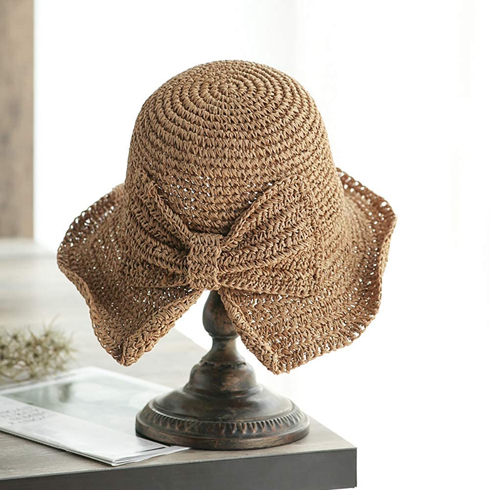 Foldable Wide Brim Floppy Straw Beach Sun Hat,Summer Cap with Bowknot for Women Girls,Strap Adjustable (2 Pack Beige & Khaki)
