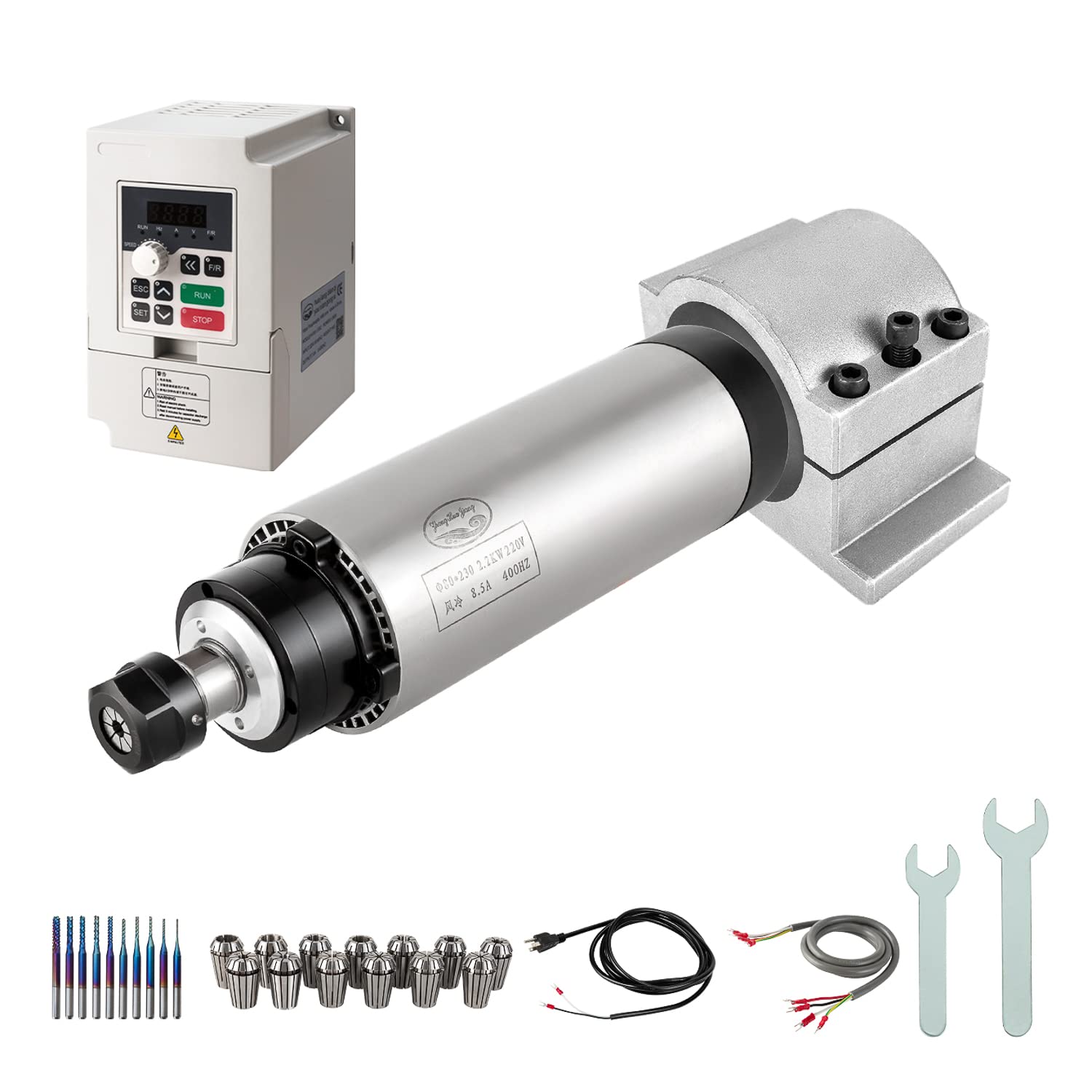 CNC Spindle Motor Kits, 220V 2.2KW ฮฆ80mm Air Cooled Spindle CNC Spindle CNC Motor + 2.2KW VFD+ฮฆ80mm Clamp Mount + Collet kit ER20+ Drill bits+ Wires for CNC Router Machine