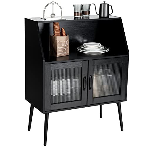 Giantex Buffet Cabinet with Storage, Farmhouse Sideboard with Open Shelves & Tempered Glass Door, Mid Century Free-Standing Kitchen Cupboard for Living Room Hallway, Black
