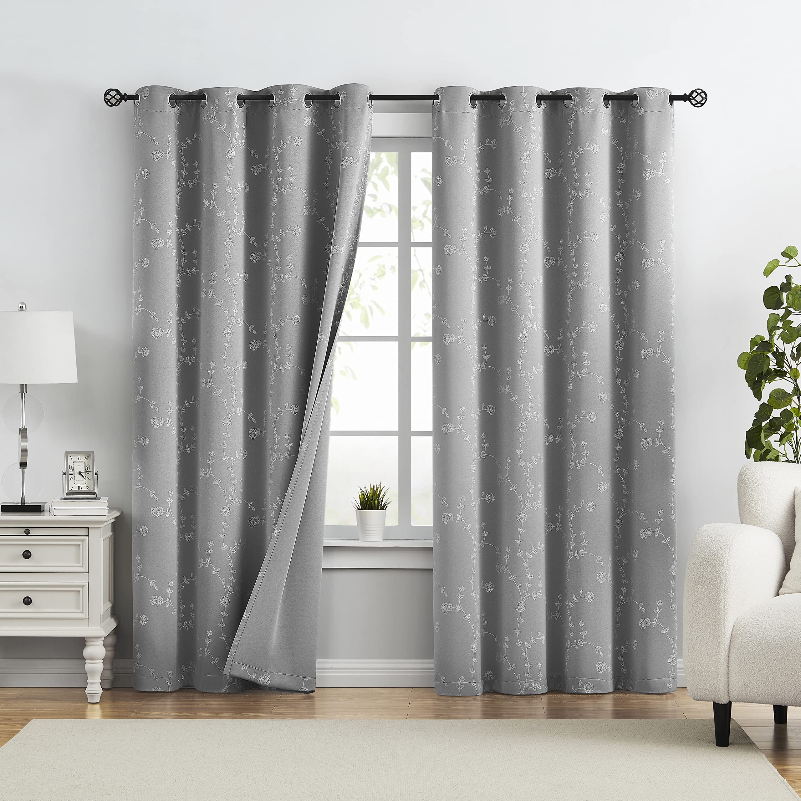 Fragrantex Grey Rose Blackout Curtains Set 84 Inch Length for Bedroom 2 Panels, Thermal Insulated Floral Print Patterned Decorative Room Darkening Living Room Drapes Grommet Top, 52" x 84"