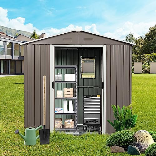 FRANSOUL 8ft x 4ft Outdoor Storage Shed with Lockable Sliding Doors,Metal Tool Shed with Anchors,Hooks and Shelf, Garden Shed Organizer for Yard Patio Lawn Deck,Easy to Assemble,Gray