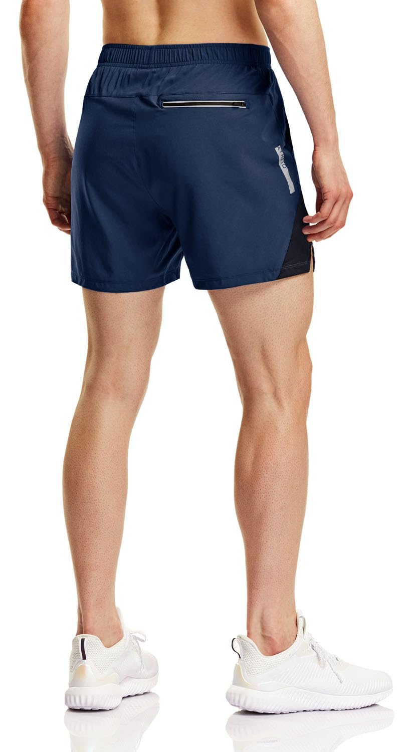ATHLIO Men's Active Running Shorts, Exercise Workout Shorts, Quick Dry Mesh Sports Athletic Shorts with Pockets, 5 Inches Black/Navy, Large