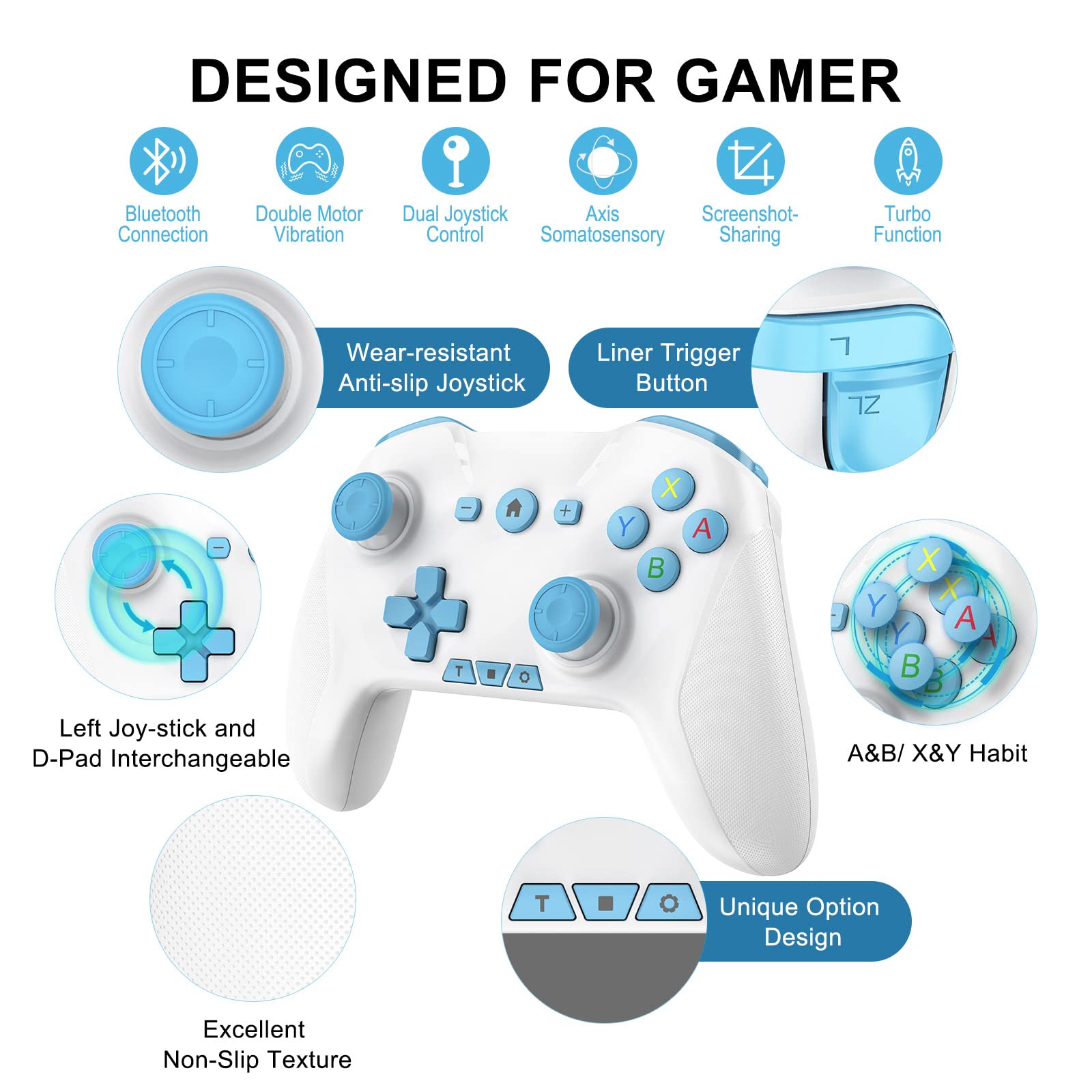 Bluetooth Controller, Wireless Pro Game Controller for Nintendo Switch Lite OLED/PC/iPad/mac/iOS/Android/Steam/Apple Arcade MFi Games, Dual Vibration & 6-Axis USB Remote Mobile Phone Gamepad Joystick