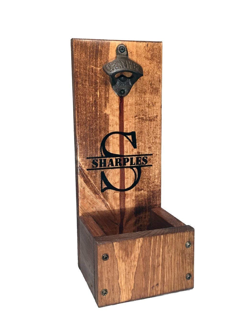 Bottle Opener with Dropbox Cap Catcher - Wall Mount or Freestanding - Laser Engraved - Personalized Christmas Gift idea for men Rustic Wood Groomsmen Gift Sets, Wedding and Anniversary Presents