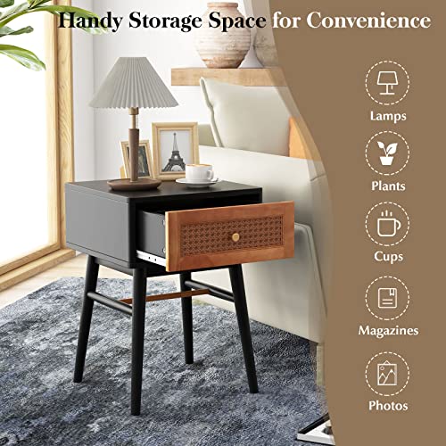 Giantex Rattan Nightstand Set of 2, Boho End Side Table with Rattan Decorated Storage Drawer & Solid Wood Legs, Mid-Century Modern Bedside Table for Bedroom Small Space, Easy Assembly, Black