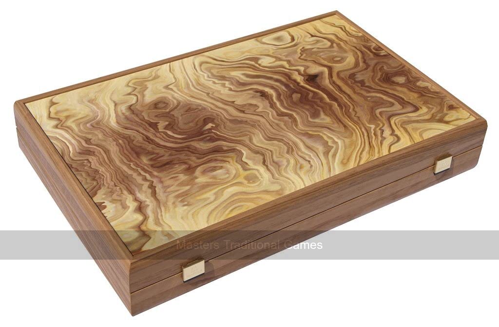 Manopoulos Luxury Olive Burl 15-inch Backgammon Set with Side Storage and Accessories