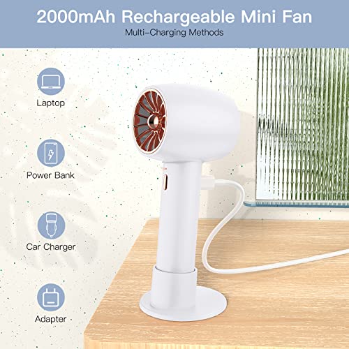 MATEPROX Mini Handheld Fan, 2000mAh Rechargeable Battery Operated Fan with 3 Speed Adjustable Removable Base, Small Portable Fan for Travel Women Kids Girls - White