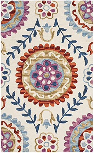 SAFAVIEH Suzani Collection 3' x 5' Ivory/Multi SZN374B Hand-Hooked Boho Premium Wool Area Rug