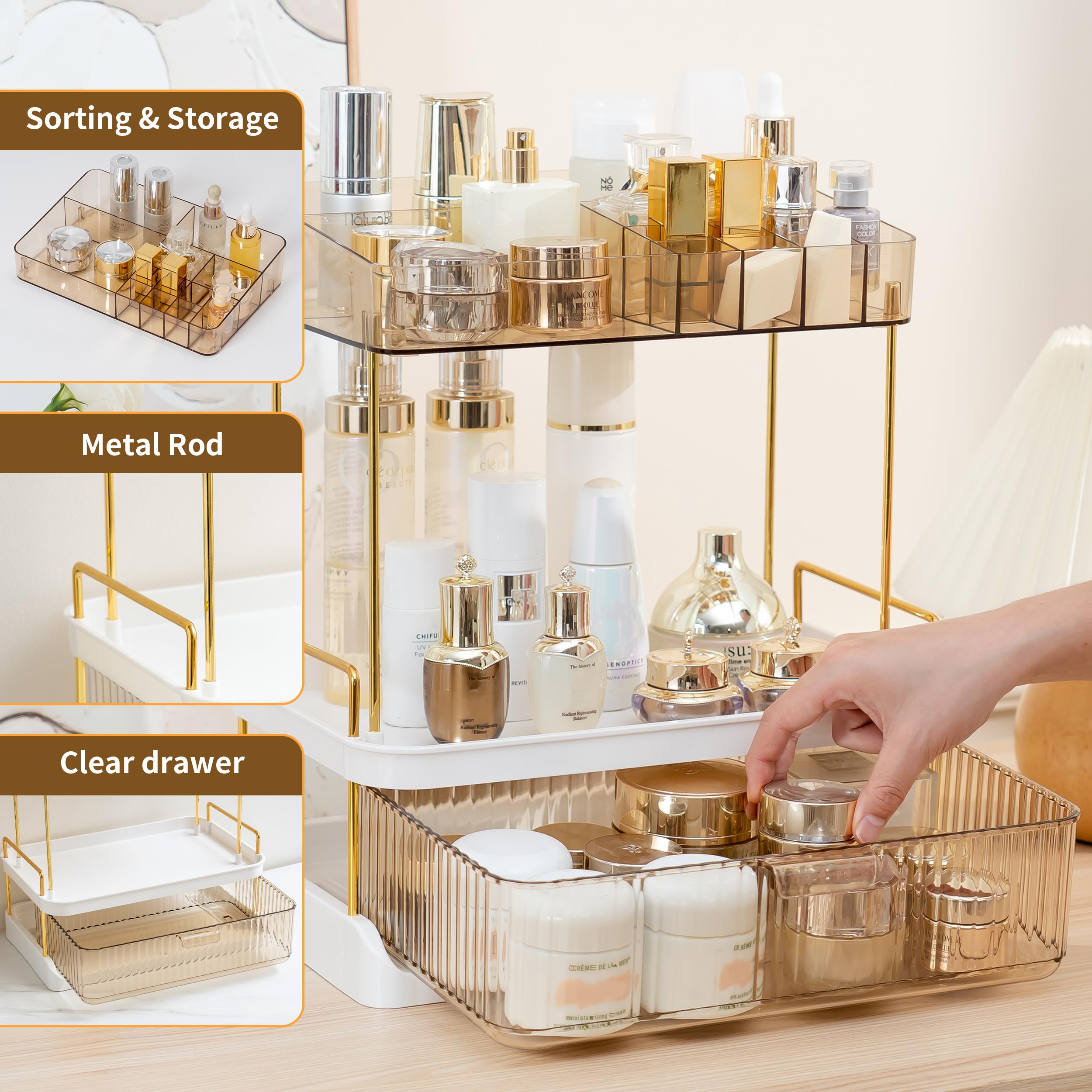 Citylife 2-Tier Bathroom Counter Organizer, Multi-Purpose Makeup Organizer Countertop, Skincare Organizers, Exquisite Vanity Organizer, Amber