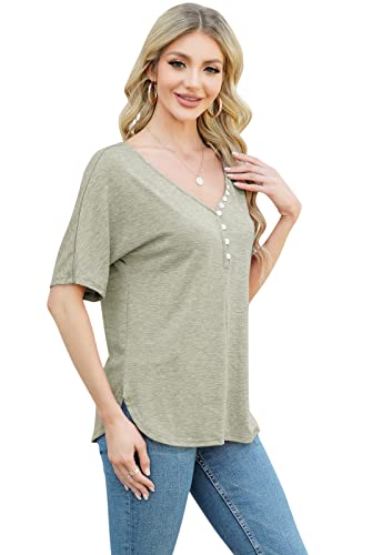 NIUBIA Women's Fashion Summer V-Neck Half Sleeves Oversized T Shirt Casual Loose Basic Tops Green