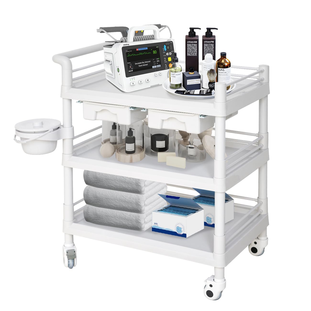 biosp Medical Trolley 3 Tier 500 Lbs Heavy Duty Professional Utility Cart Spacious Beauty Salon Rolling Trolley with 360°Rotate Wheels, Dirt Bucket & Drawer for Hospital Dental Clinic, White