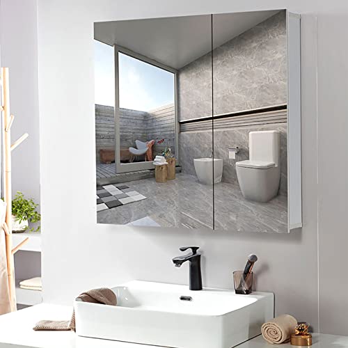 Bathroom Cabinet Wall Mounted with Double Mirror Doors Bathroom Medicine Wall Cabinet Hanging Shelves Metal with Framless Storage Shelves Recess or Surface Mount 60 * 70cm,Black ()