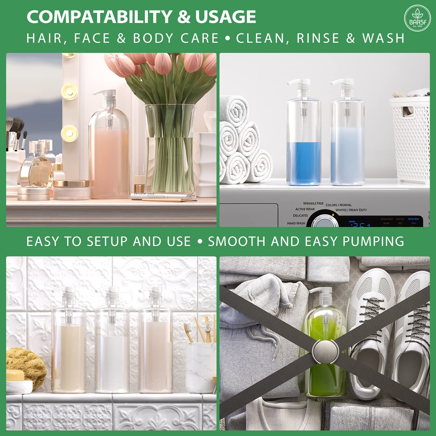 Bar5F Universal Shampoo/Conditioner Dispenser Pump for 1 Liter (33.8 Oz) Bottles - Natural Clear, Pack of 2
