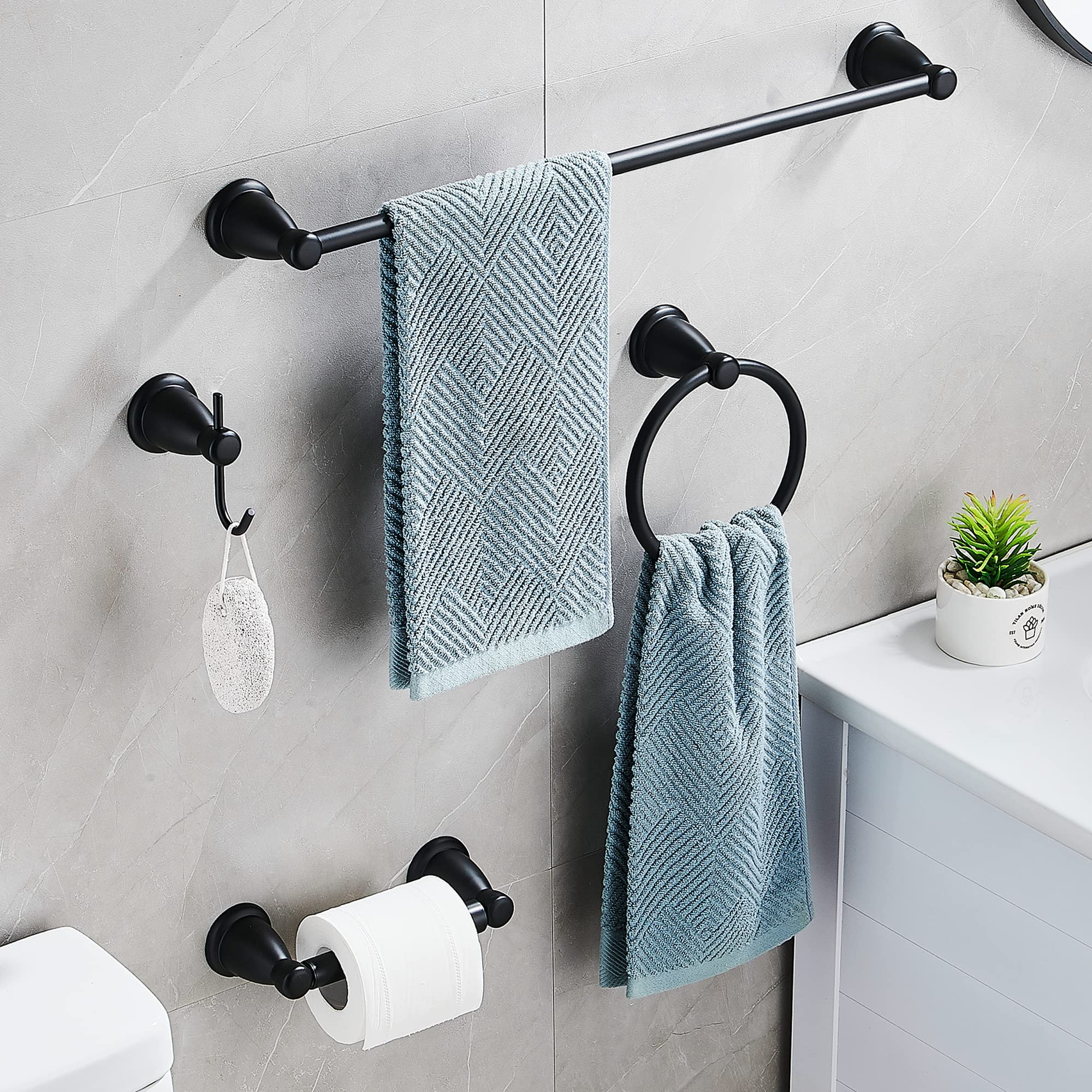 Bathroom Hardware Set, Matte Black 23.6 Inches Adjustable Expandable Towel Bar 4-Piece Bathroom Accessory Set Wall Mounted Robe Hook Toilet Paper Holder Towel Ring Towel Bar