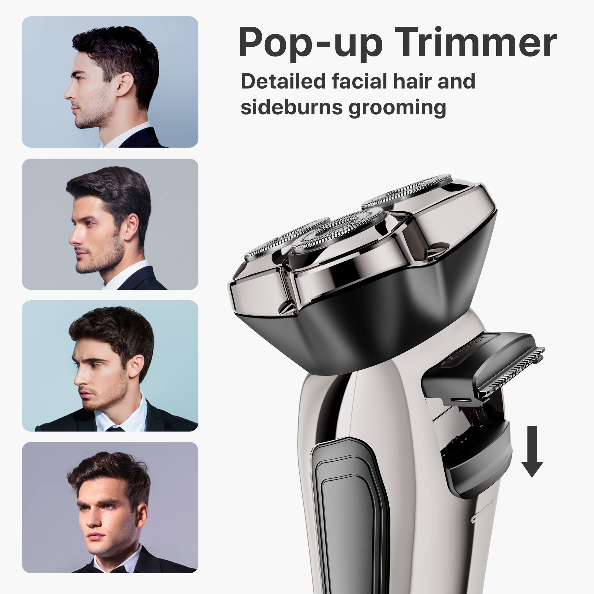 Electric Razor for Men, YASUN Men's Rotary Shaver, Wet/Dry IPX7 Waterproof Electric Shavers for Men with Pop-up Beard Trimmer, Cordless Rechargeable Mens Razor - YS3900 Chrome