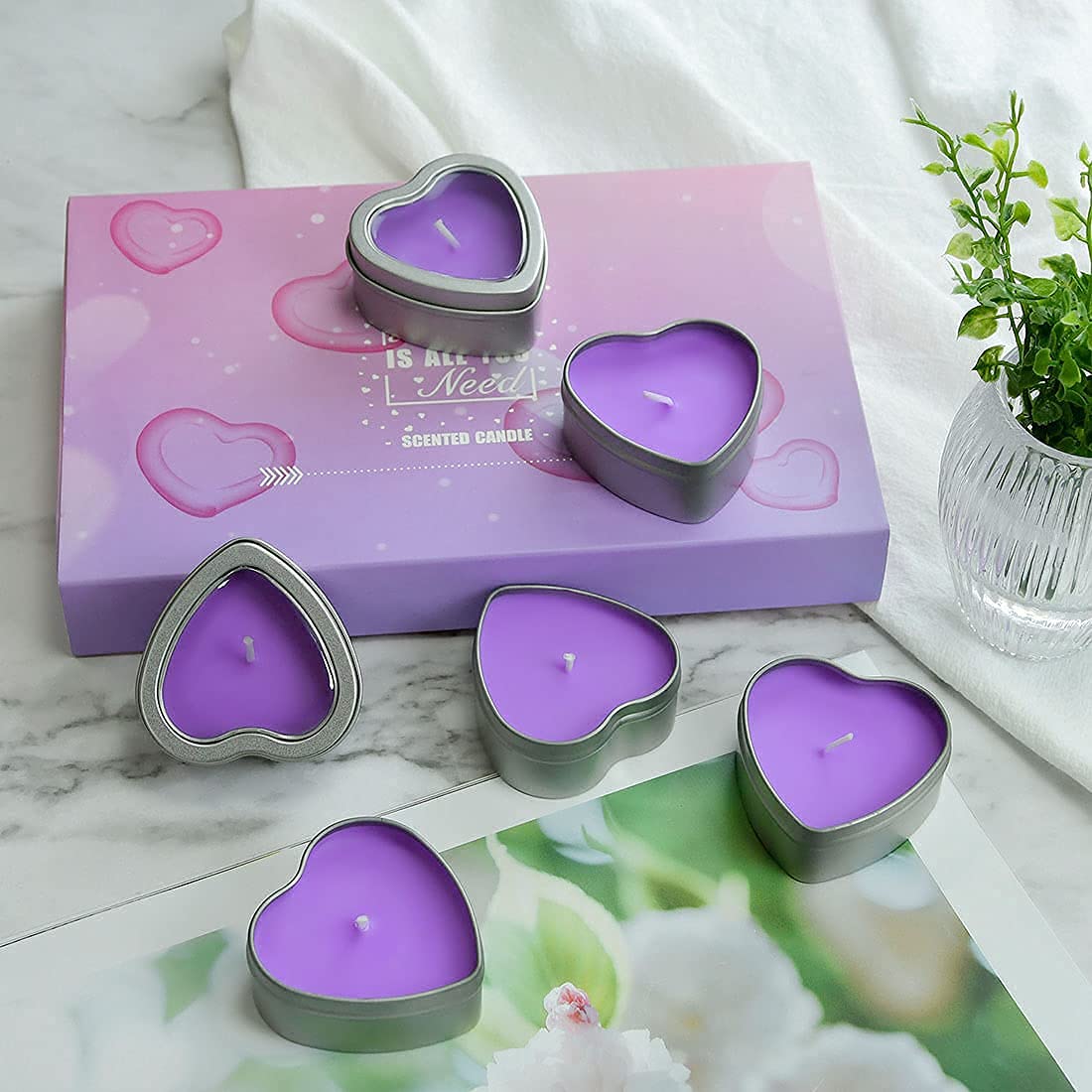DEYBBY Large Heart Shaped Scented Tea Lights Candles, Smokeless Soywax β6 Hours Long Burning Lavender Purple Aromatherapy Candles for Relaxation, Spa and Bath (Pack of 6)